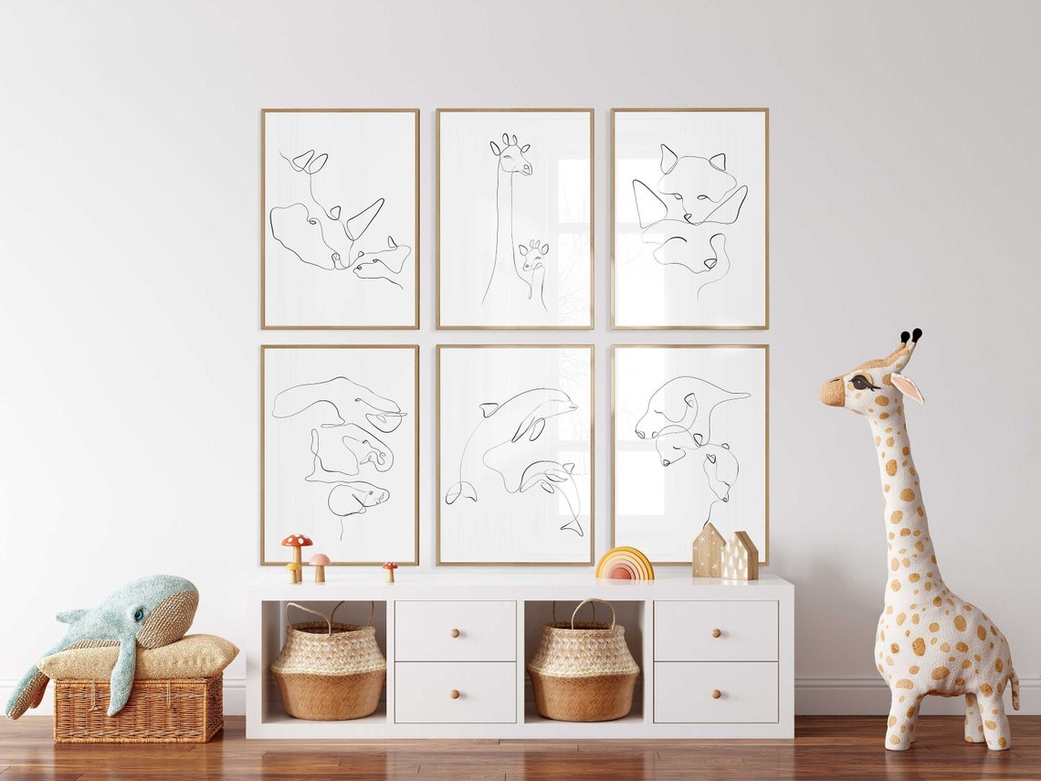Nursery Wall Art Set of 6 Animal Print Line Drawing One Line - Etsy