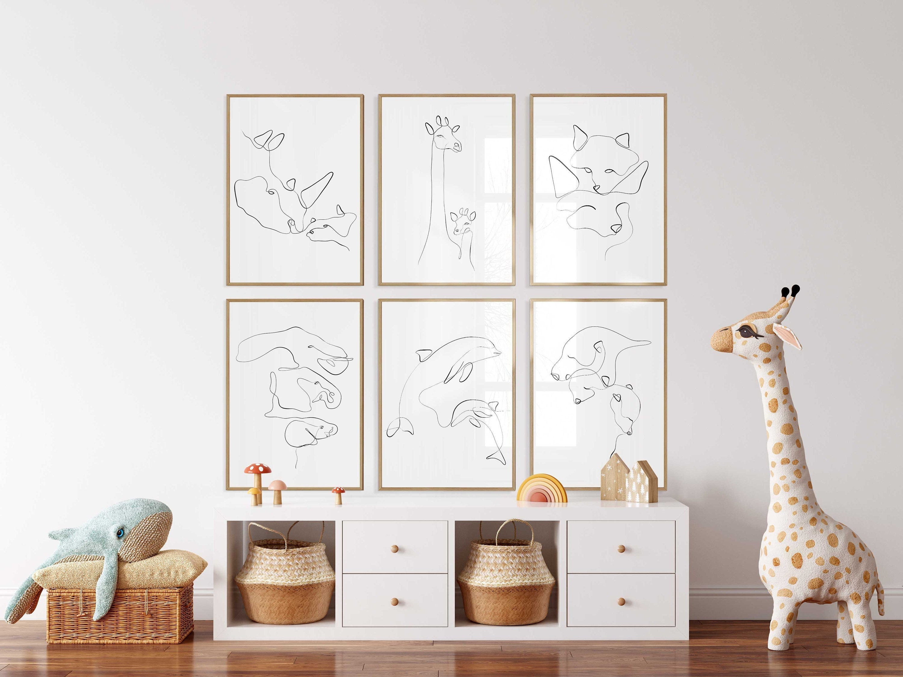 Nursery Wall Art Set of 6 Animal Print Line Drawing One Line - Etsy