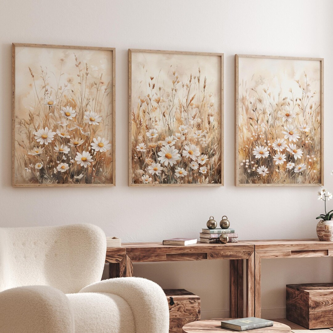 Beige Watercolor Daisy Field Print Set: Fall Landscape (digital ...