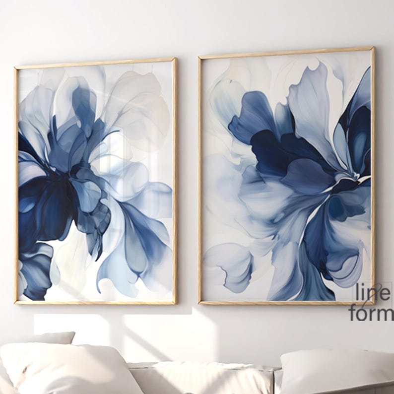 Navy Blue Floral Abstract Art Prints - Set of 2 - Etsy