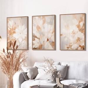 Neutral Floral Print Set of 3, Beige Gray Floral 3 Piece Wall Art ...