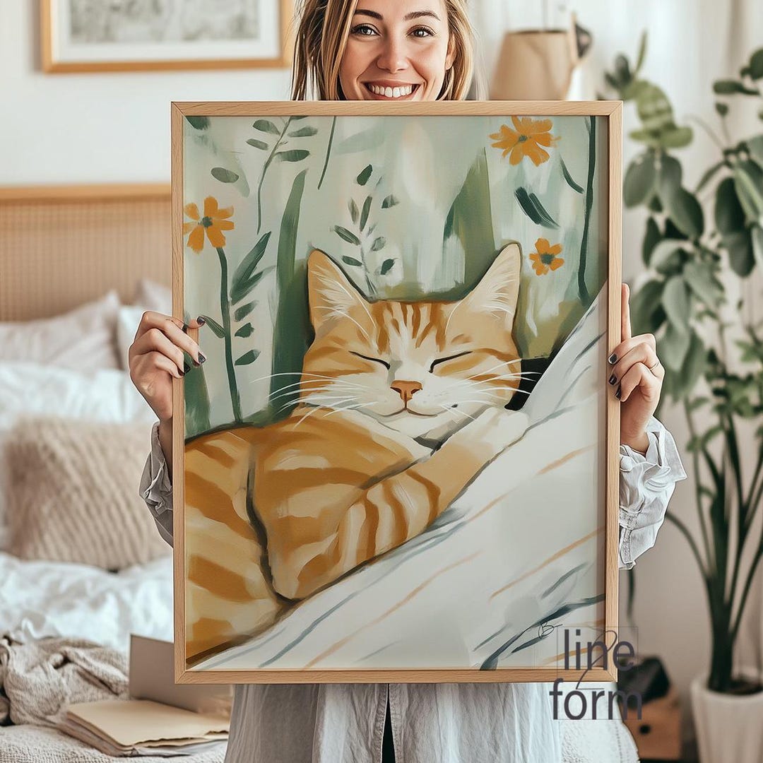 Sleeping Cat Print, Printable Cat Wall Art, Colorful Cat Wall Art ...