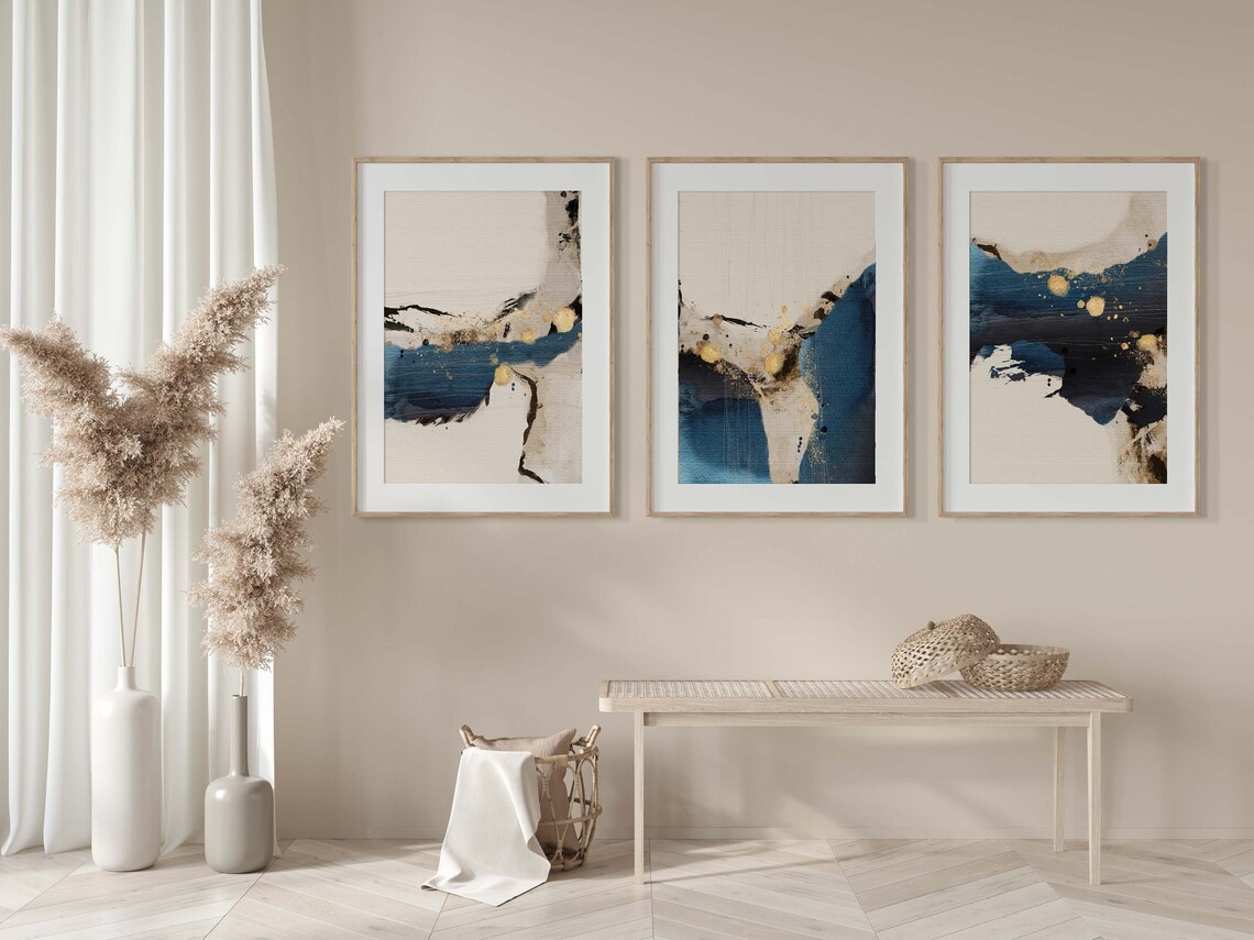 Navy Blue Abstract Wall Art Set of 3 Prints Downloadable Navy - Etsy