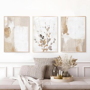 Beige Gold Abstract 3 Piece Wall Art, Botanical Wall Prints Set of ...