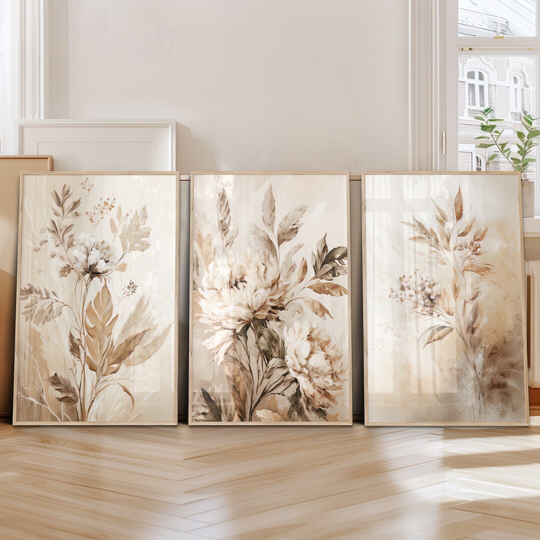 Neutral Floral Print Set of 3, Beige Floral 3 Piece Wall Art, Printable ...