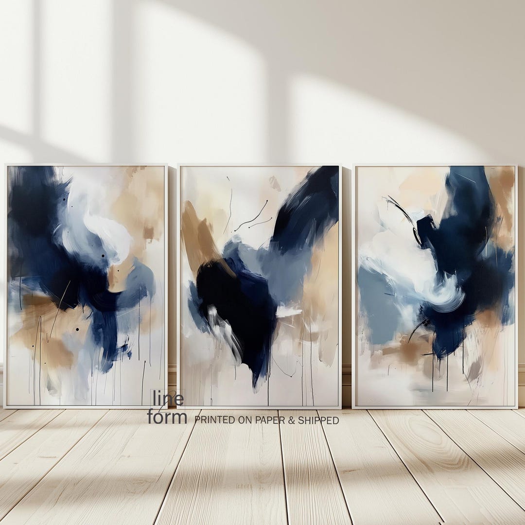 Navy Blue Wall Art Set of 3 Pieces Navy Blue Abstract Modern Wall Art ...