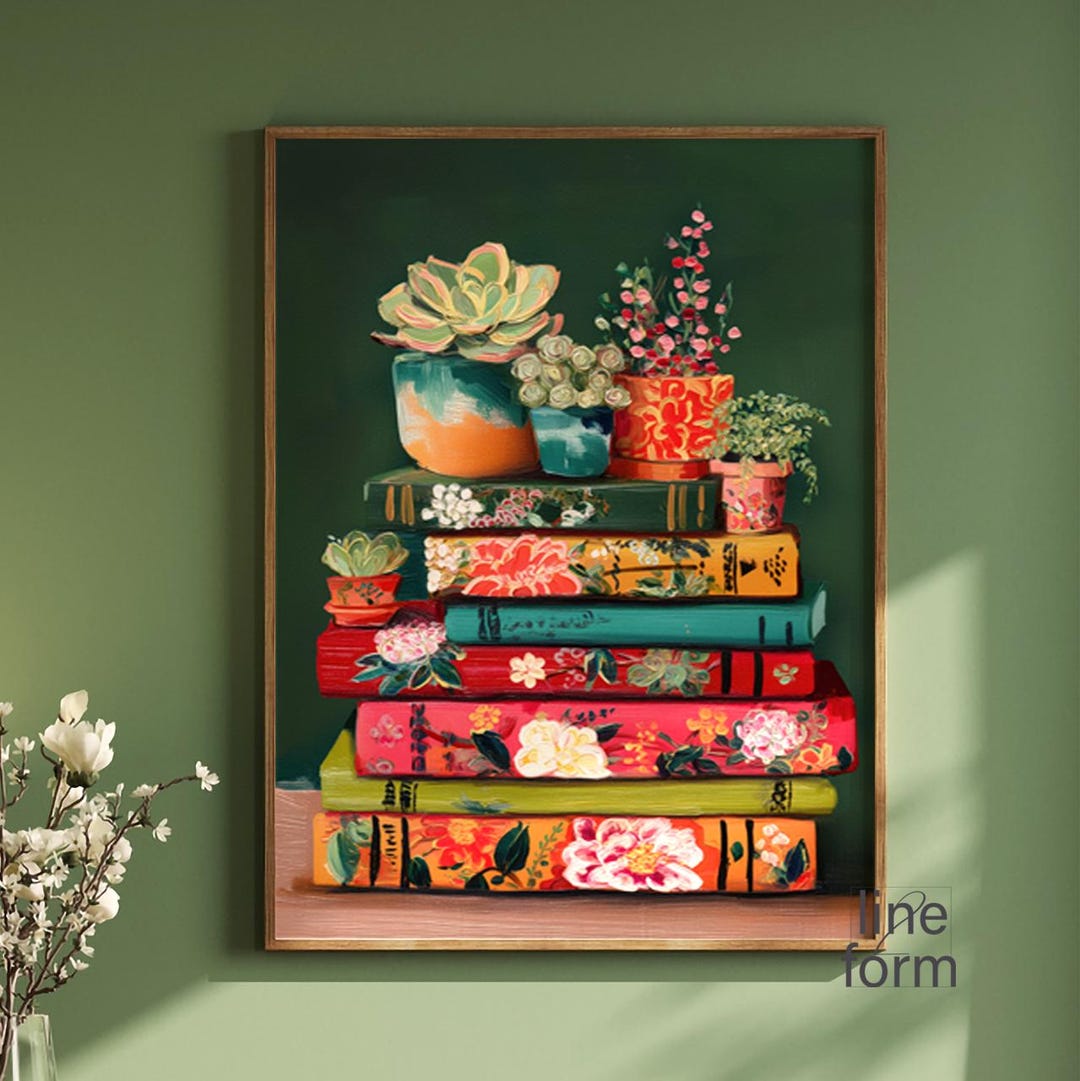 Stack of Books Painting, Emerald Green Reading Art Decor, Book Lover ...