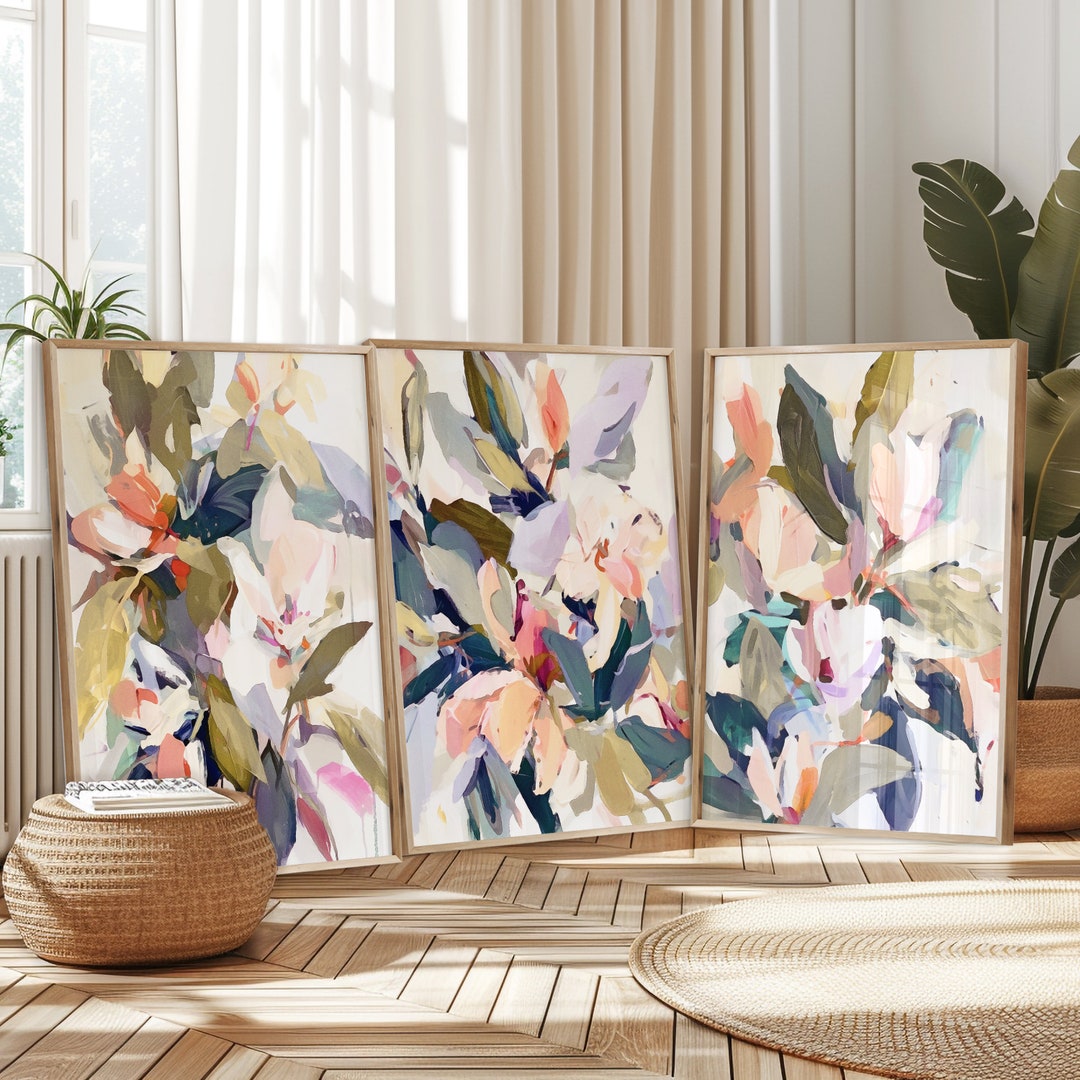 Colorful Floral Watercolor Print Set of 3, Abstract Bright Flower Art ...