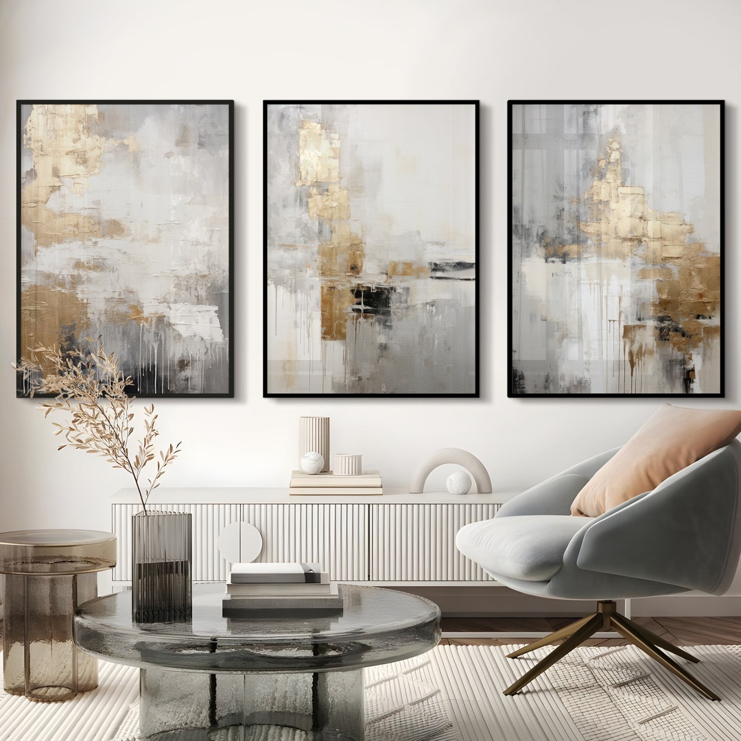 Gray Gold Abstract Art Print Set of 3 Textured Modern Neutral Abstract ...
