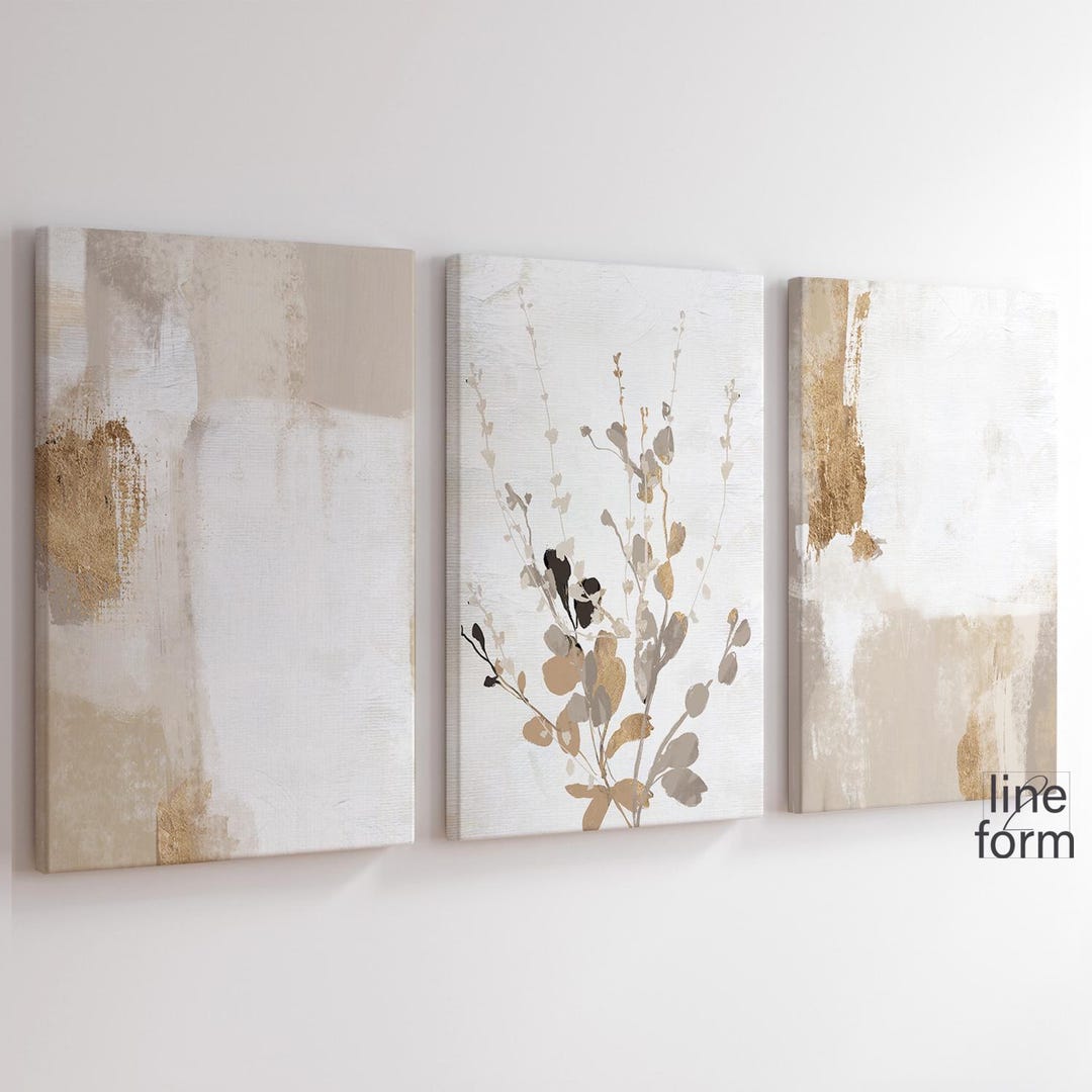 Beige Gold Abstract Gallery Wall Art Set of 3 Simple Neutral Nordic ...