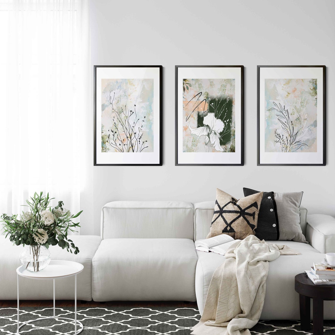 Flower Line Drawing Gallery Wall Art Set of 3 Beige Nordic - Etsy