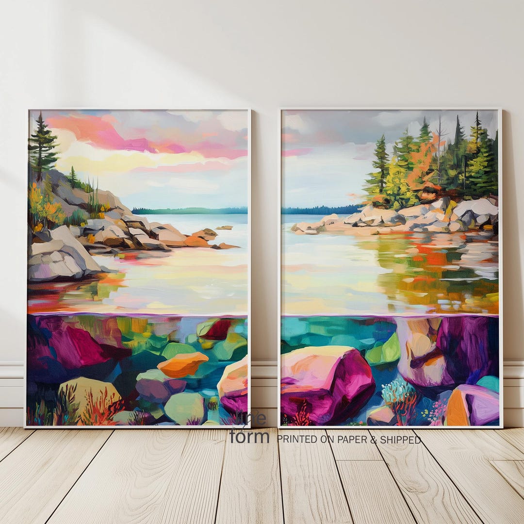 Bold Colorful Lake Original Landscape Painting Set of 2 Pieces ...