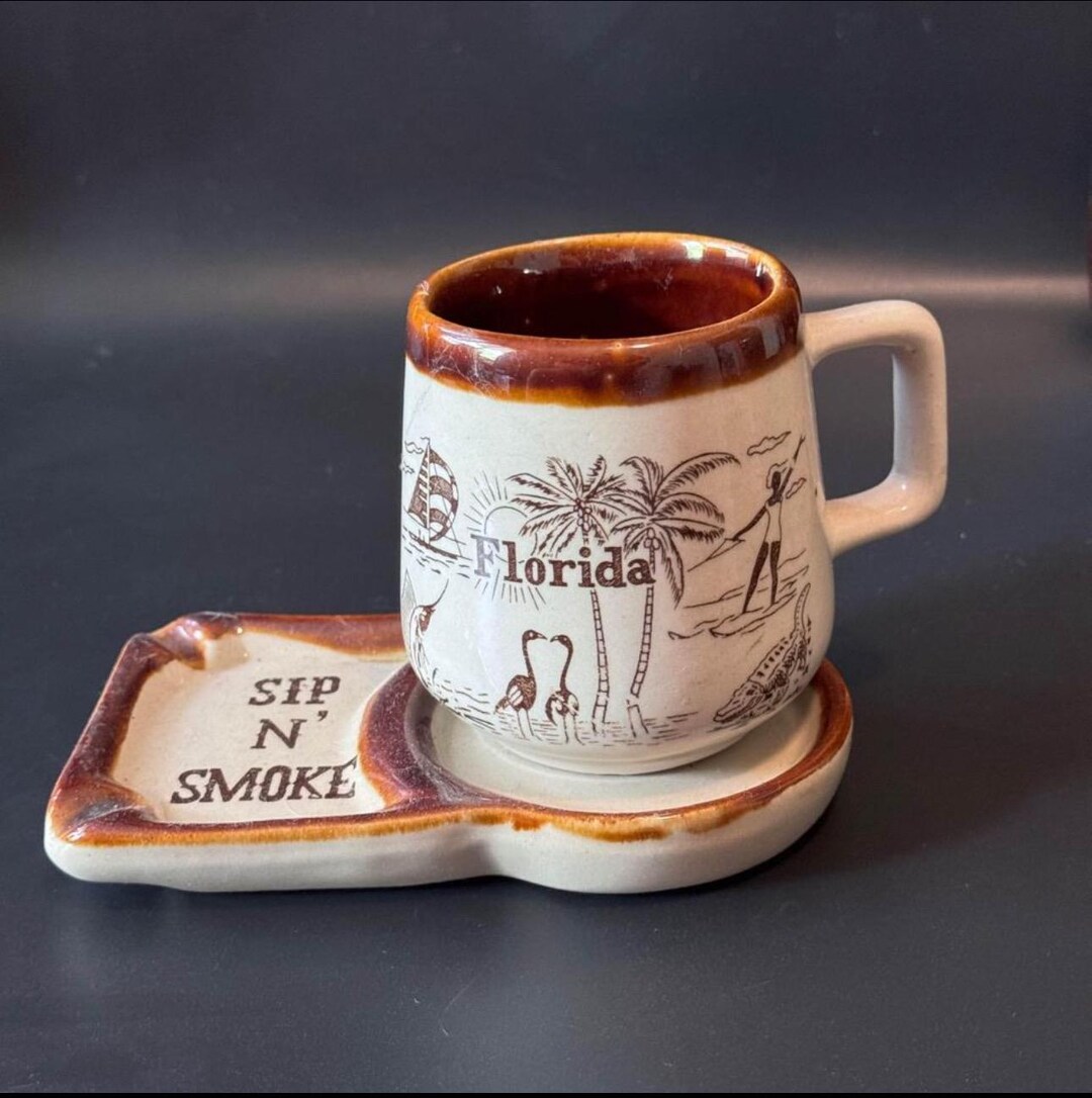 Vintage Florida Sip N’ Smoke Mug & Ashtray Set | Retro Souvenir Coffee ...