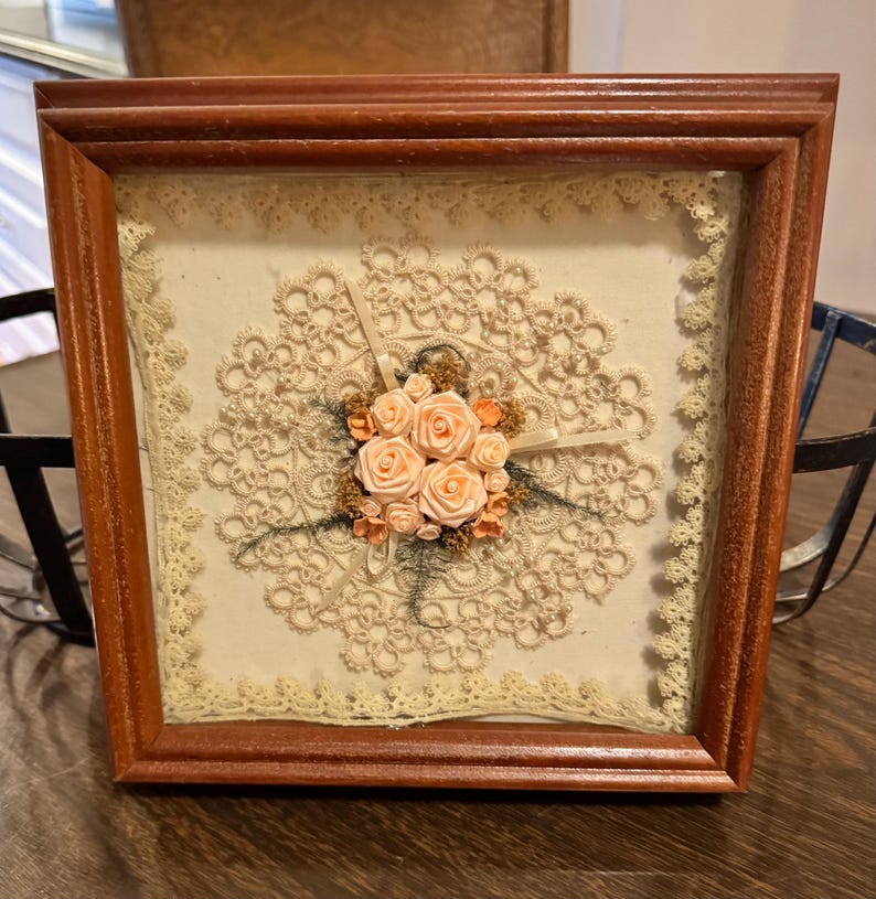 Vintage Lace Shadow Box Art L Romantic Wedding Keepsake | Framed Floral ...