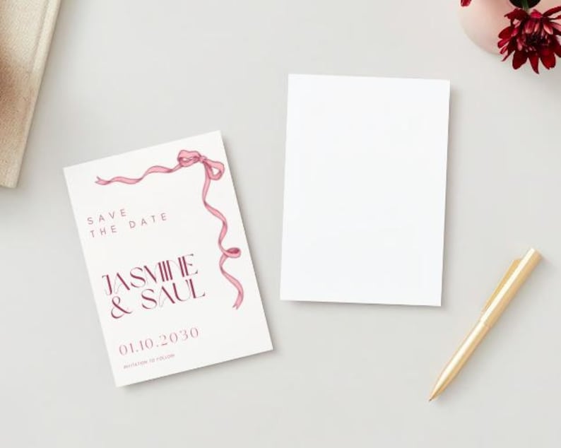 Pink Bow Save the Date, Editable Template, Instant Download, Wedding ...