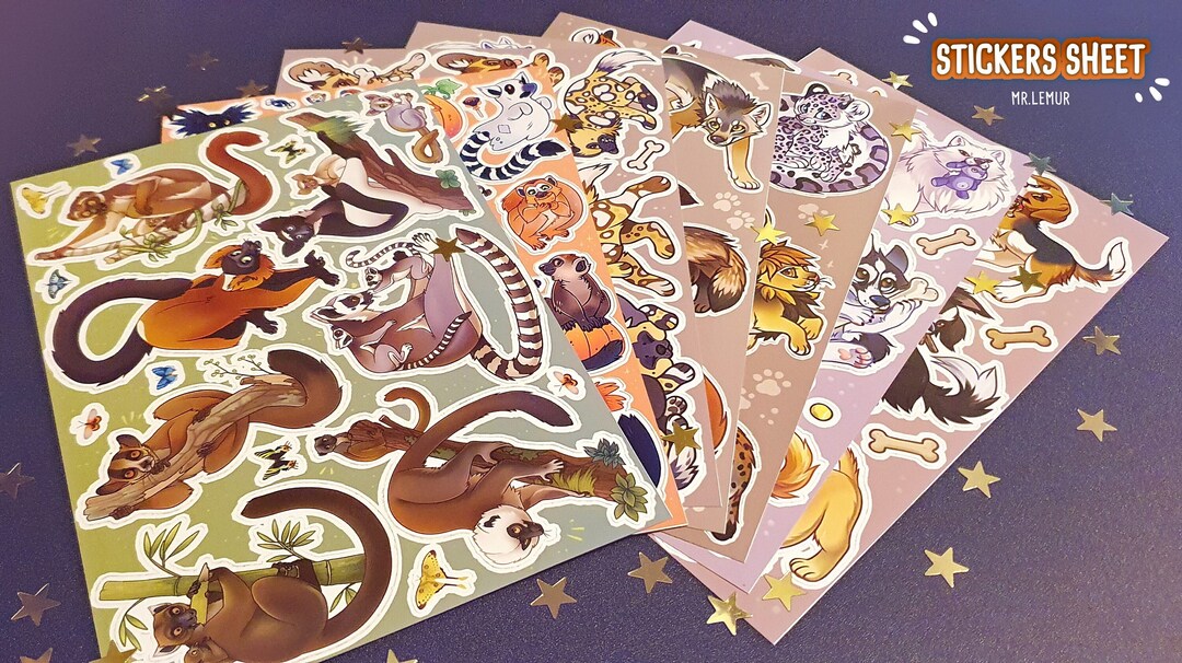 Cat, Dog, Pets, Lemur, Lycaon STICKER SHEET VINYL Cute Animal Stickers ...