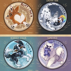 Border Collie, Samoyed, Corgi & Dalmatian - BADGE / BIG MAGNET - Cute ...