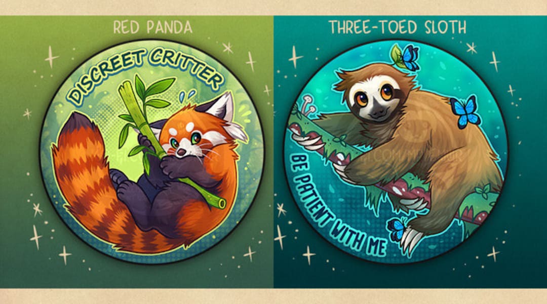 Red Panda & Sloth MAGNET / BIG BADGE Cute and Shy Animal Pin - Etsy