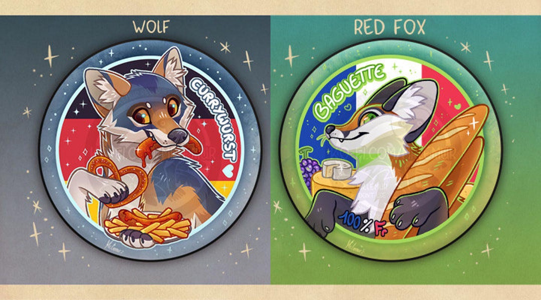 Wolf & Fox MAGNET / BIG BADGE: German Wolf Loves Currywurst and French ...