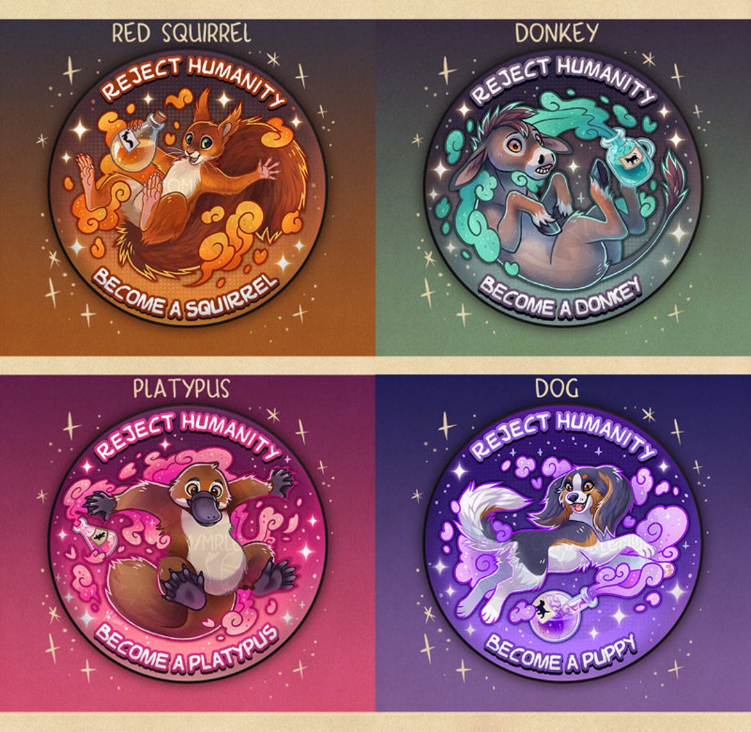 Squirrel, Donkey, Platypus & Dog - BADGE / MAGNET - Fantasy ...