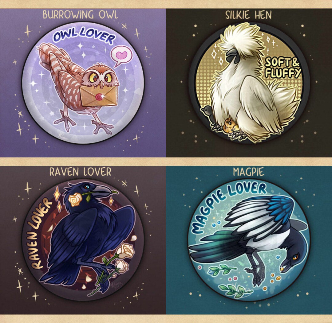 Owl, Silkie Hen, Raven & Magpie - BADGE / BIG MAGNET - Black Raven ...
