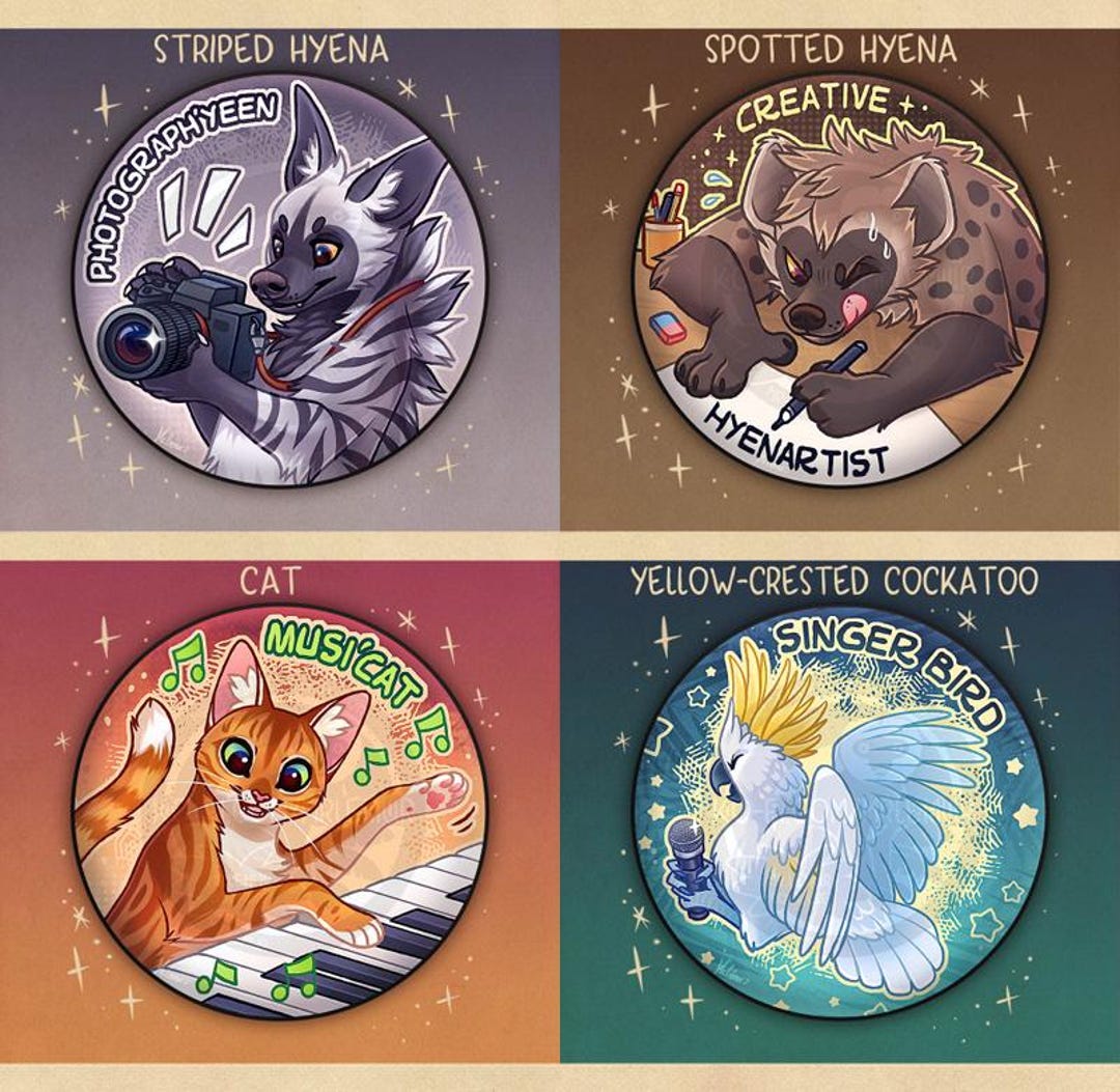 Spotted Hyena, Striped Hyena, Cat, Cockatoo - BADGE / BIG MAGNET: Hyena ...