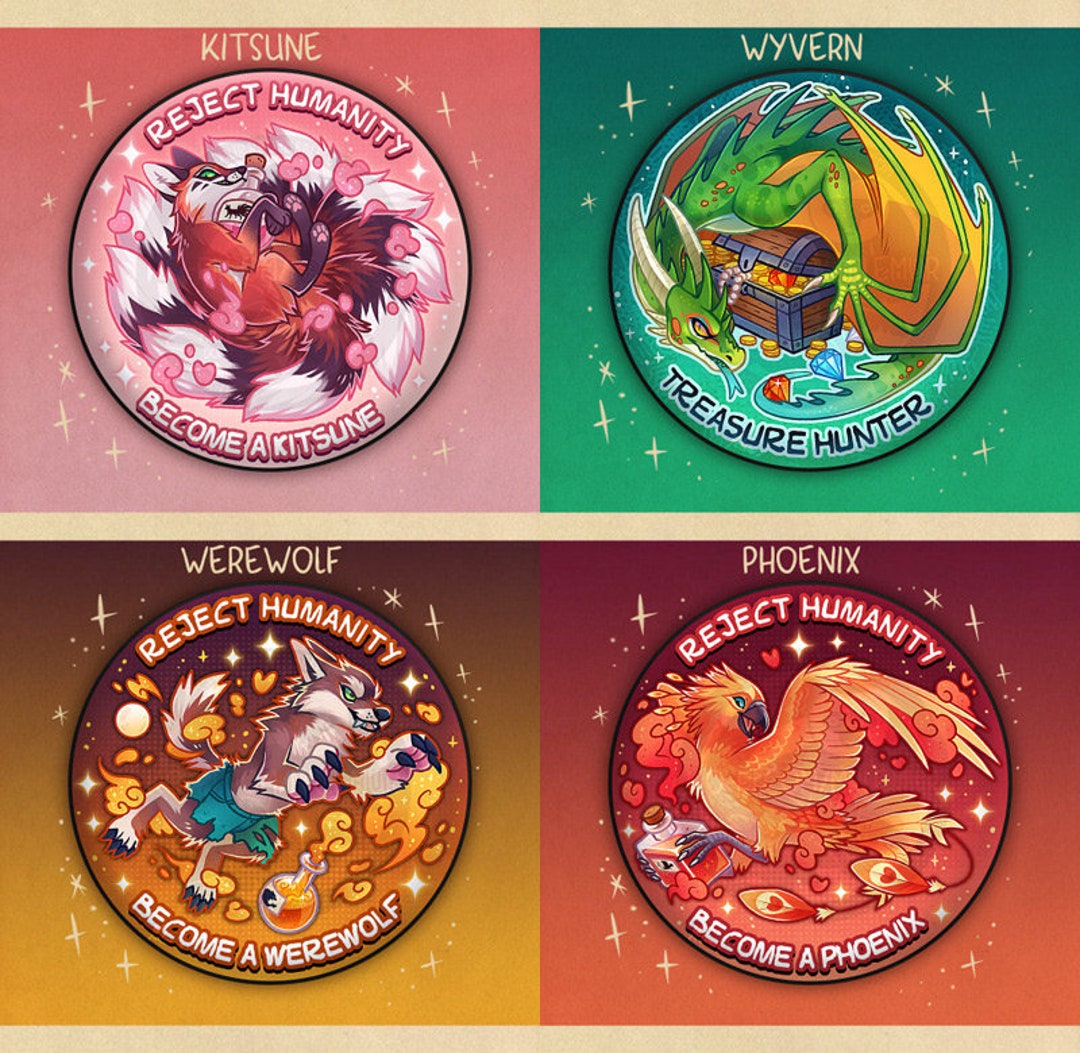 Kitsune, Wyvern, Werewolf & Phoenix - BADGE / MAGNET: Fantasy Potion ...