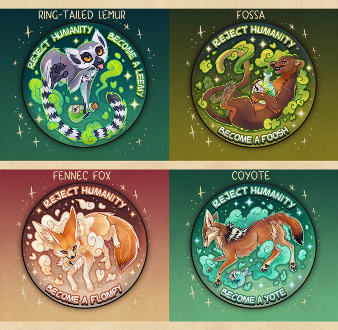 Coyote, Fennec Fox, Lemur & Fossa BADGE / MAGNET: Transformation Potion ...