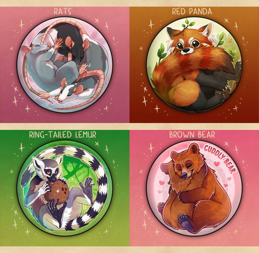 Rat, Red Panda, Ring-tailed Lemur & Brown Bear BADGE / BIG MAGNET Bear ...