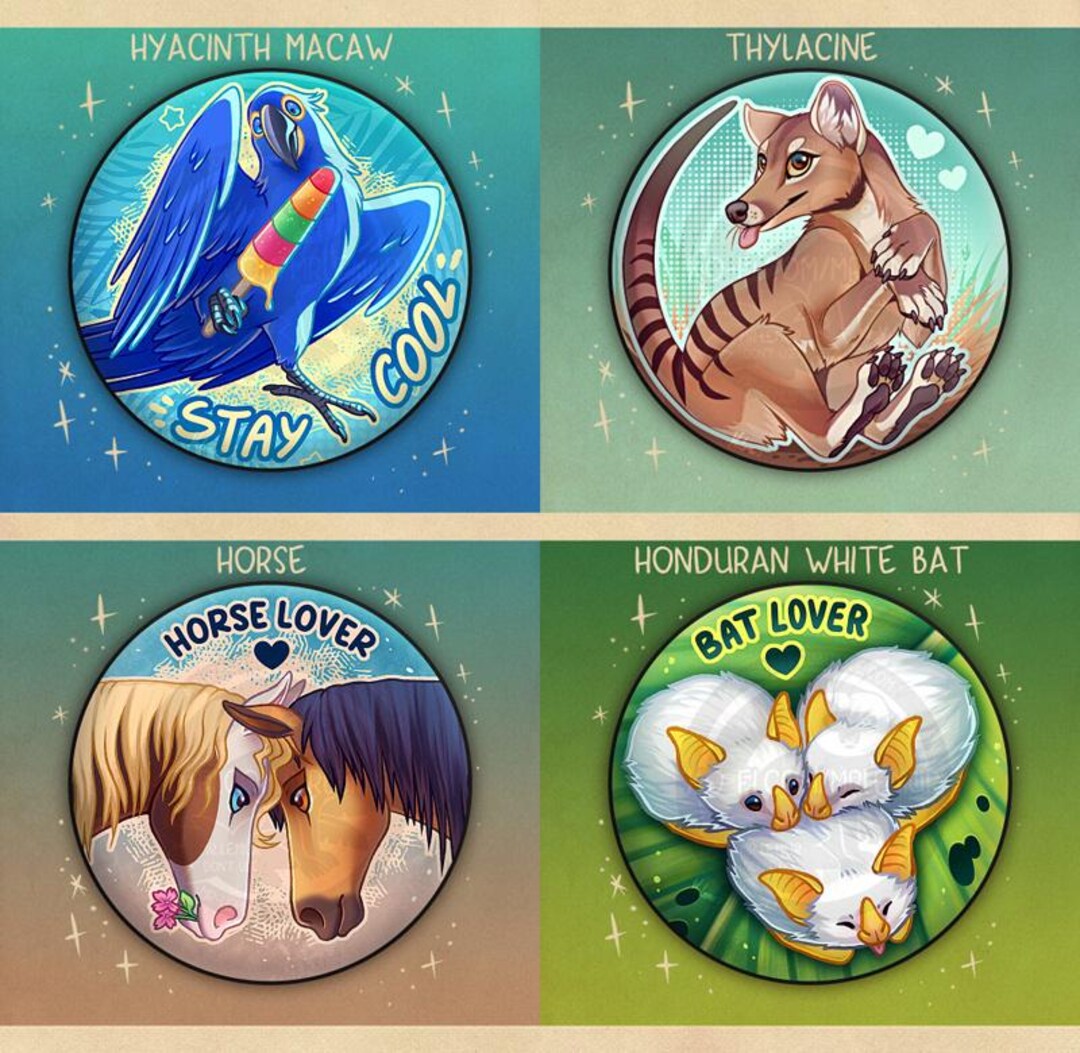 Thylacine, Horse, Bat, Macaw - BADGE / BIG MAGNET - Tasmanian Tiger ...
