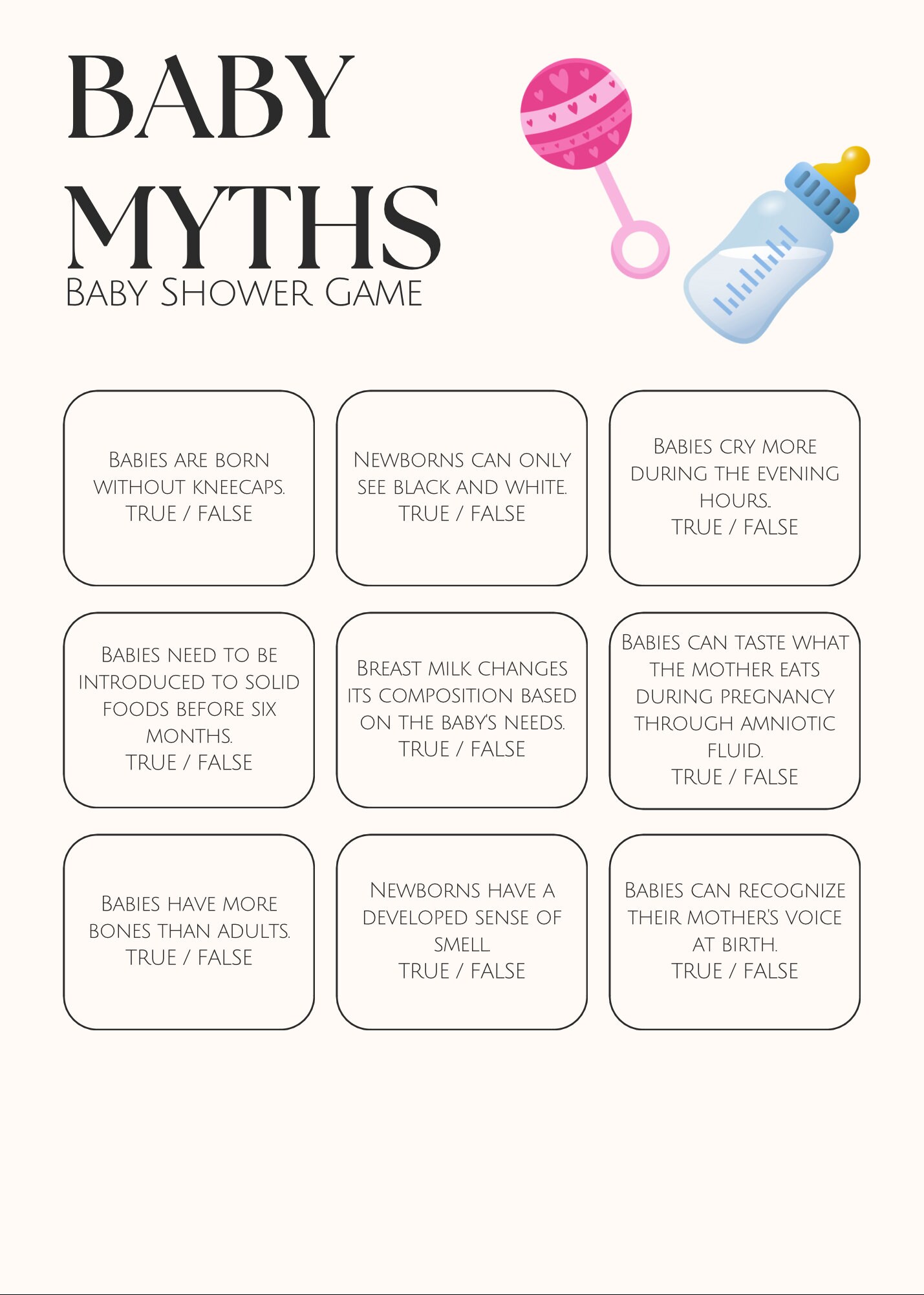 Baby Shower Party Game myths True or False Digital Printout - Etsy