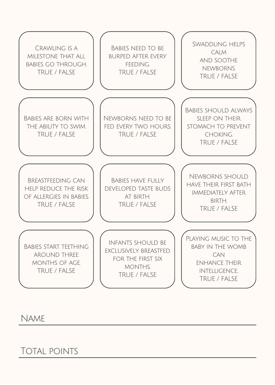 Baby Shower Party Game myths True or False Digital Printout - Etsy