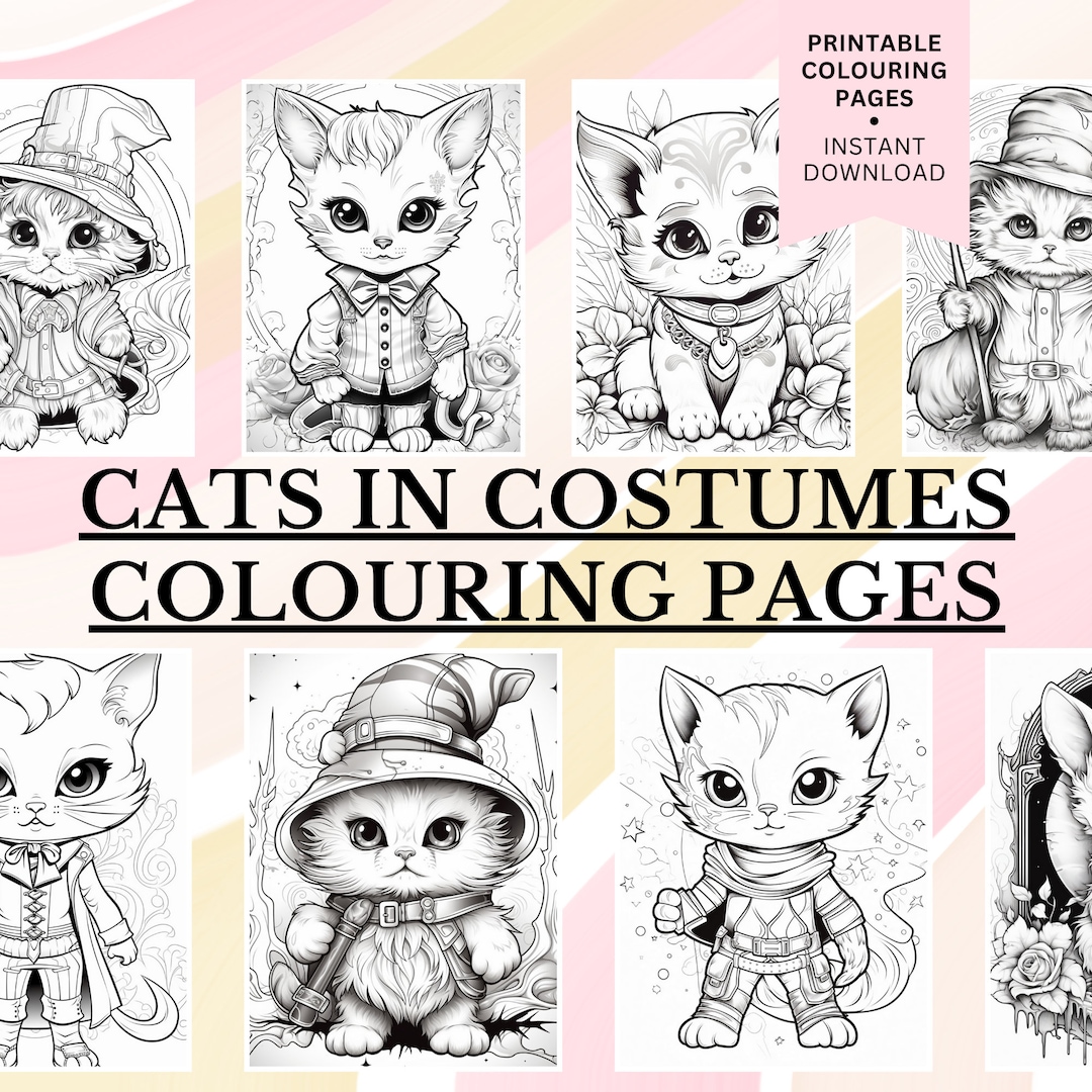 45 Cute Cats in Costumes Colouring Pages, Instant Download, Grayscale ...