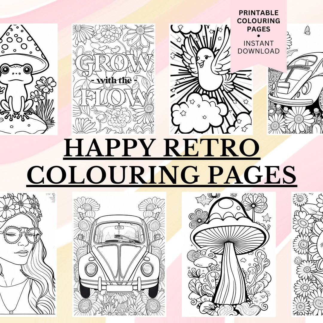 15 Happy Retro Colouring Pages, Instant Download, Grayscale Colouring ...