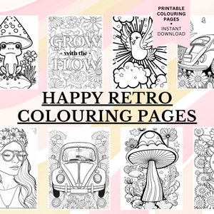 15 Happy Retro Colouring Pages, Instant Download, Grayscale Colouring ...