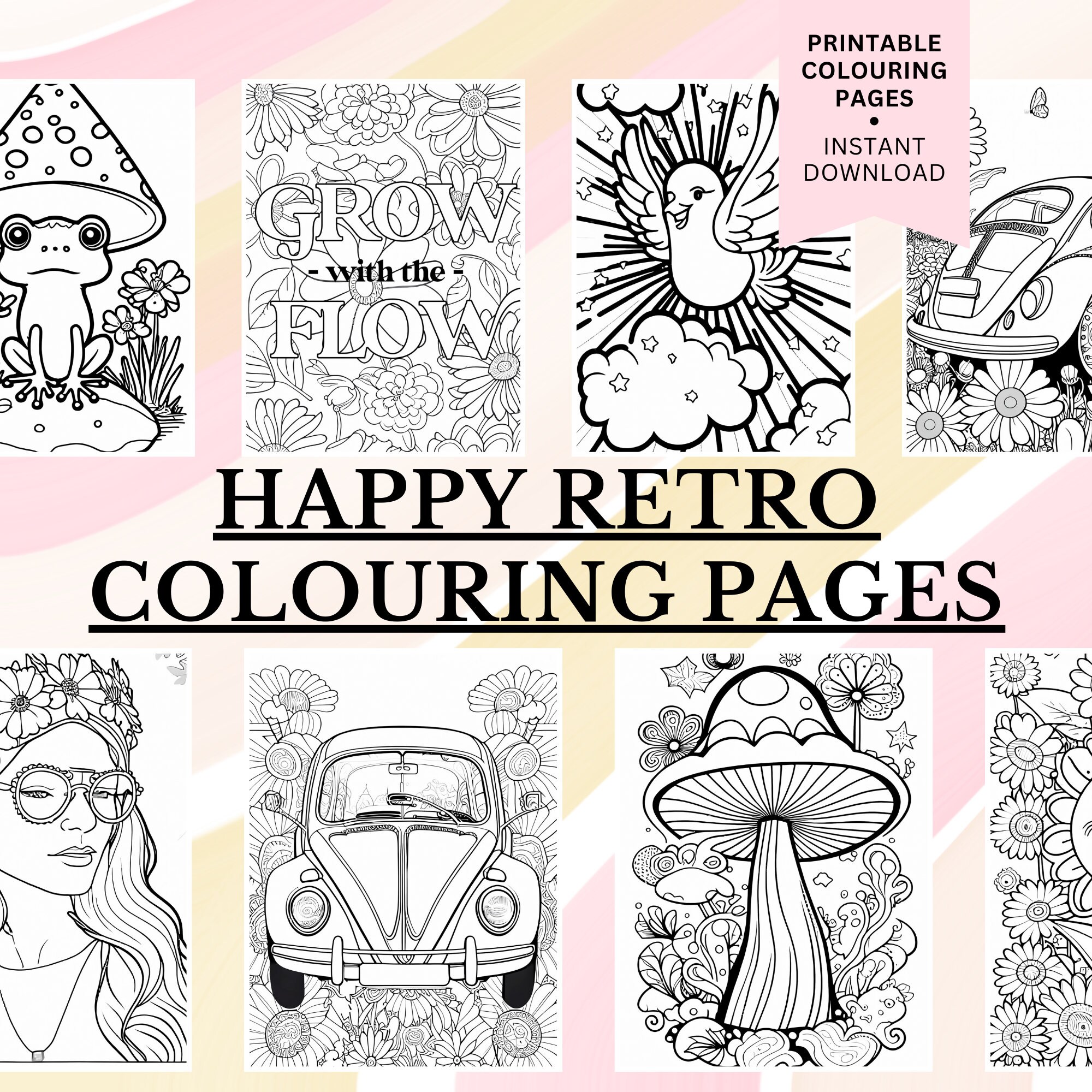 15 Happy Retro Colouring Pages, Instant Download, Grayscale Colouring ...