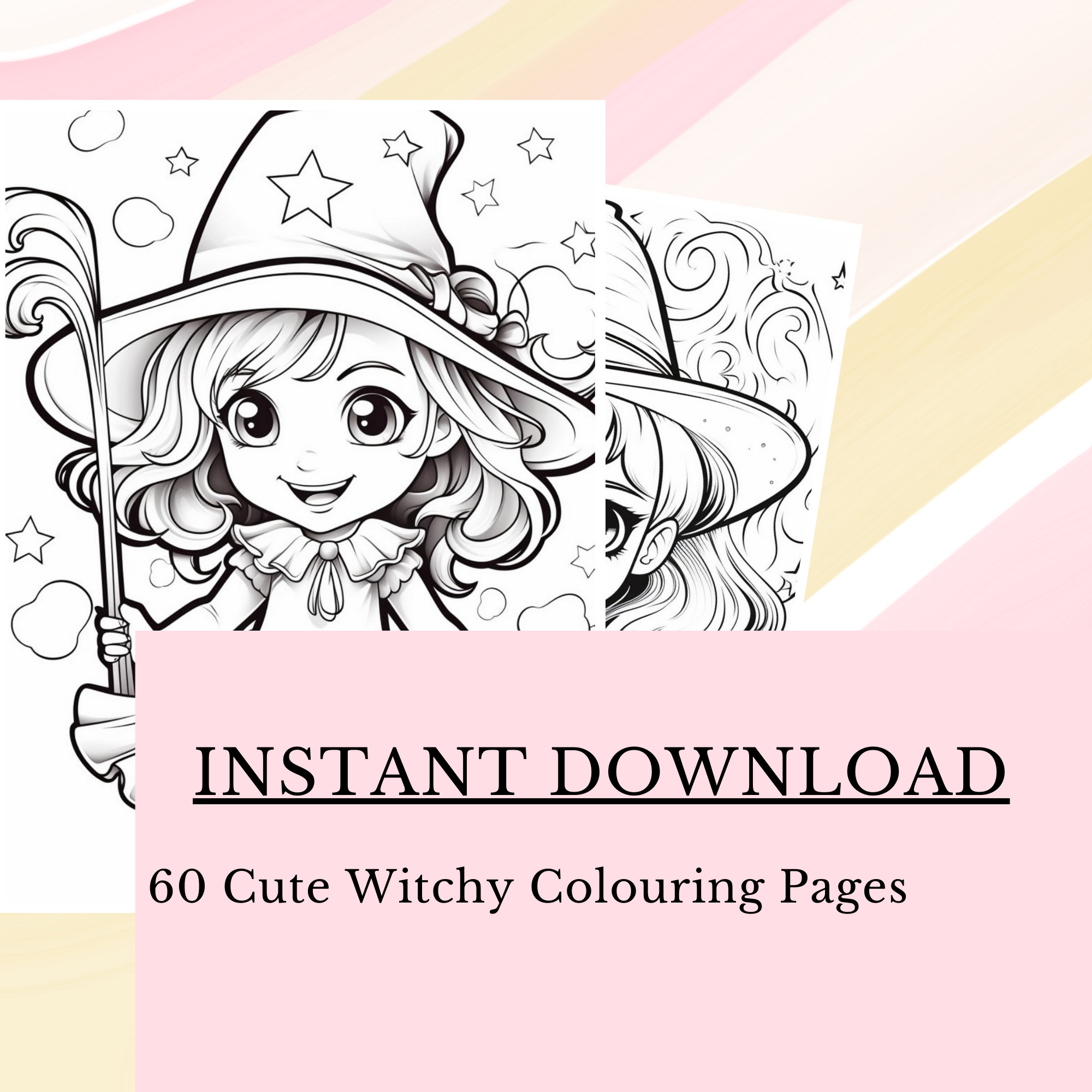60 Cute Witches Colouring Pages, Instant Download, Grayscale Colouring, Kids Colouring ...