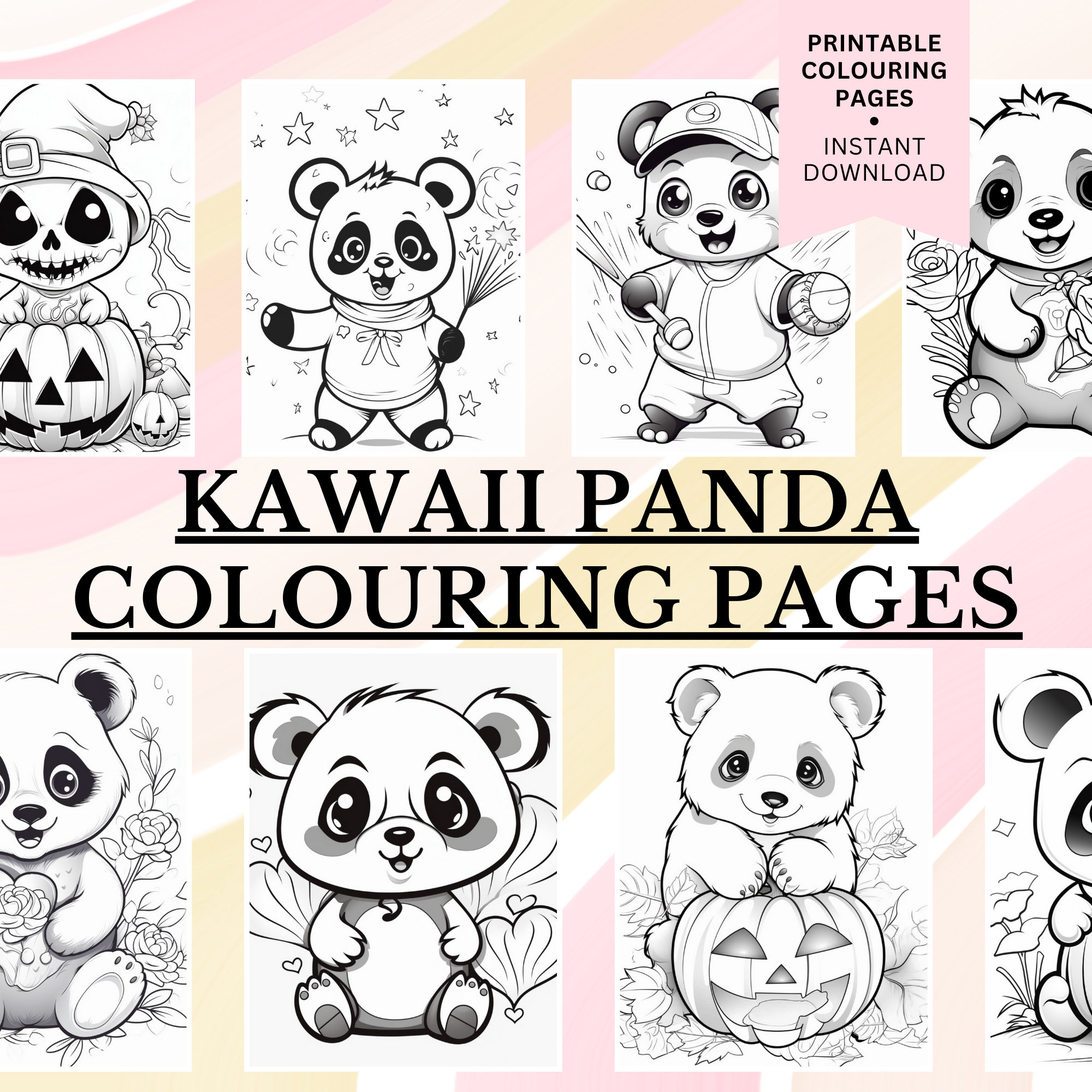 20 Cute Kawaii Pandas Colouring Pages, Instant Download, Grayscale ...