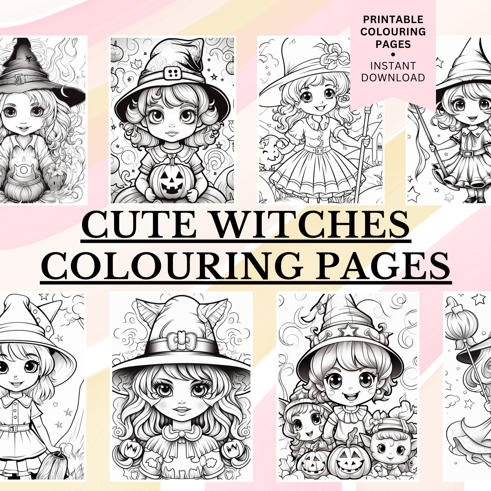 60 Cute Witches Colouring Pages, Instant Download, Grayscale Colouring ...