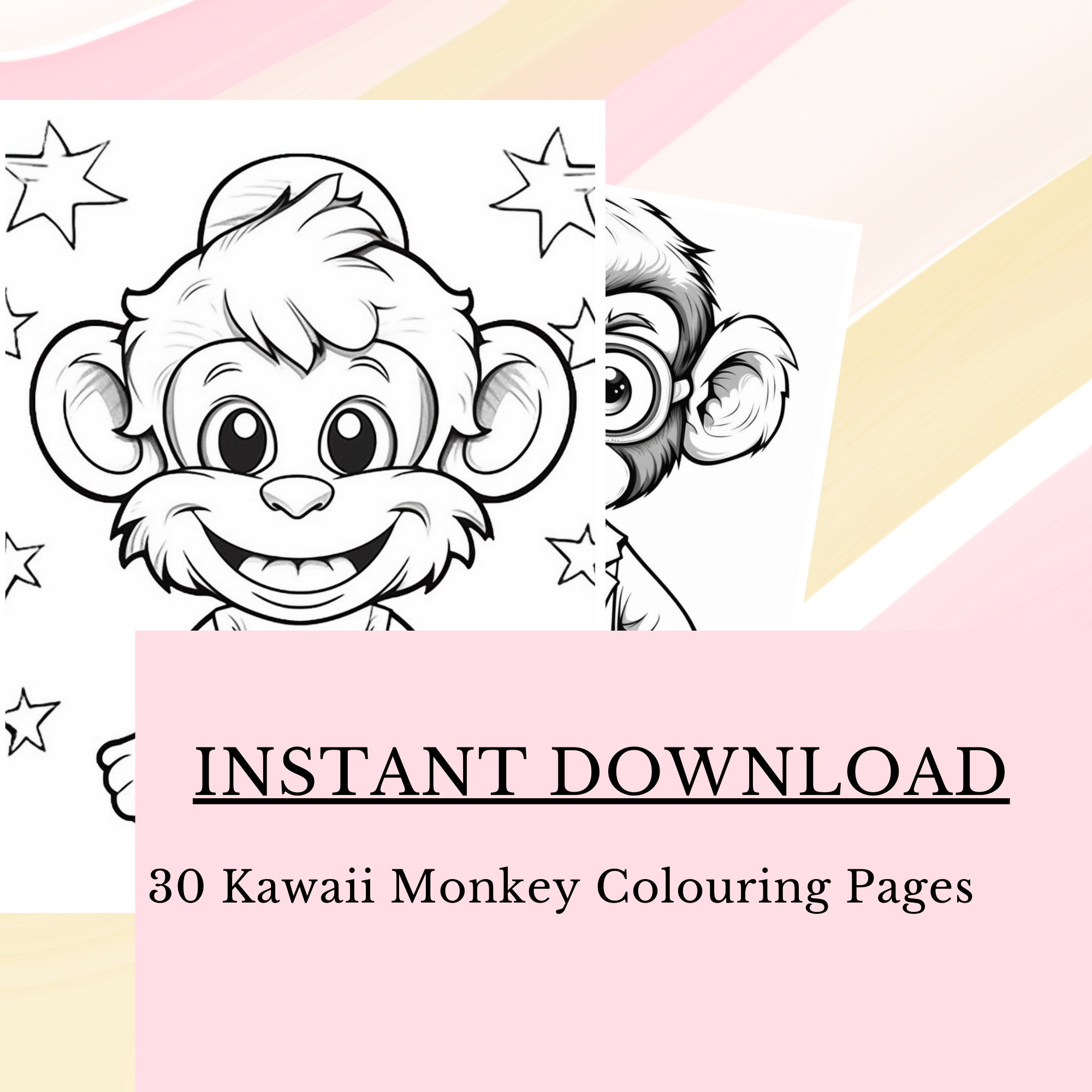 30 Cute Kawaii Monkey Colouring Pages, Instant Download, Grayscale ...