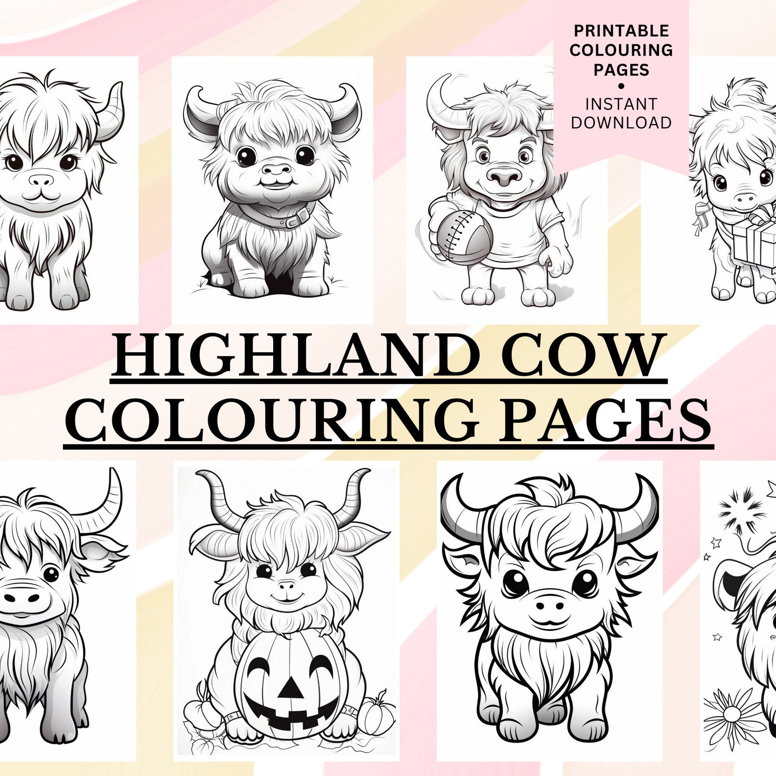 50 Cute Highland Cow Colouring Pages, Instant Download, Grayscale ...