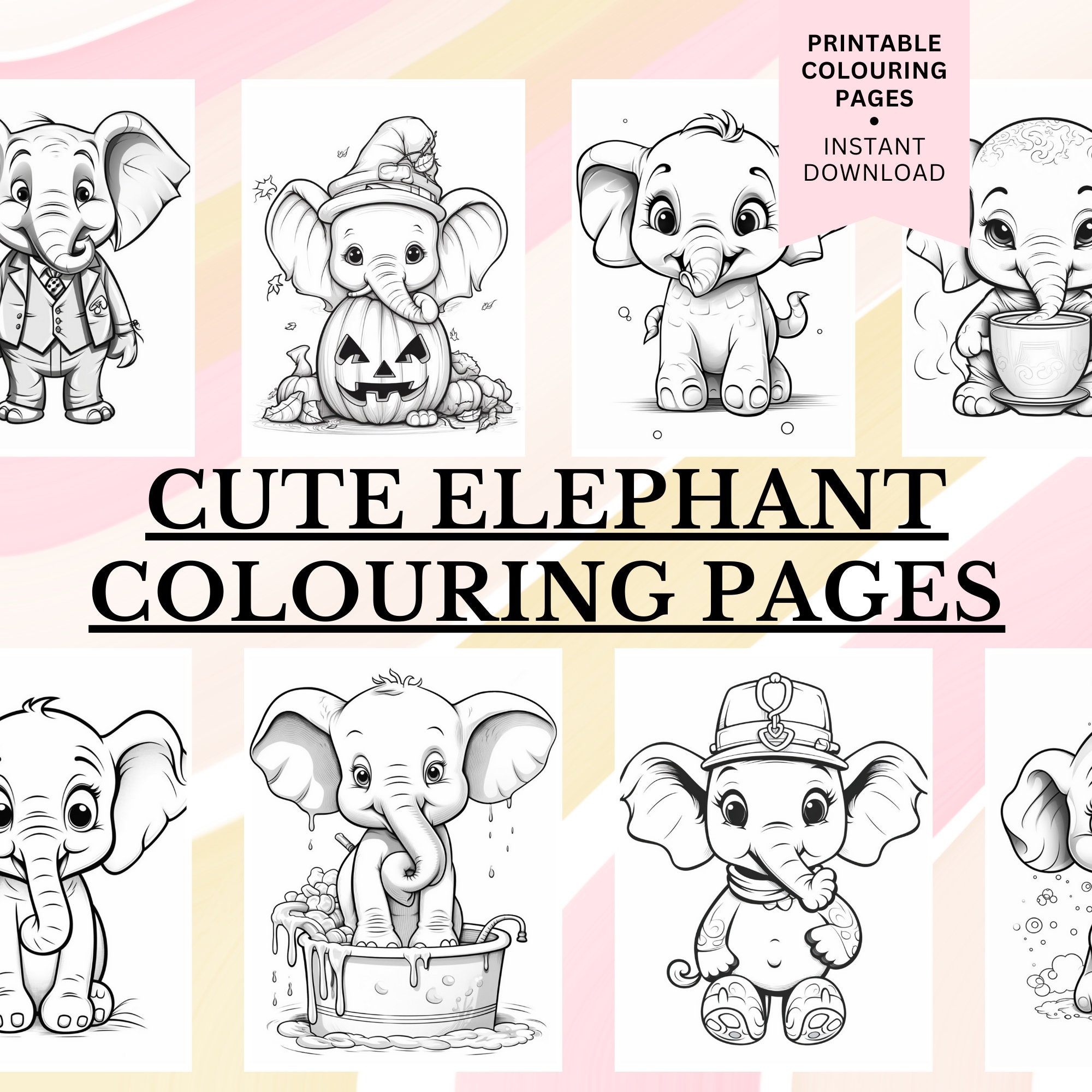 40 Cute Elephant Colouring Pages, Instant Download, Grayscale Colouring ...
