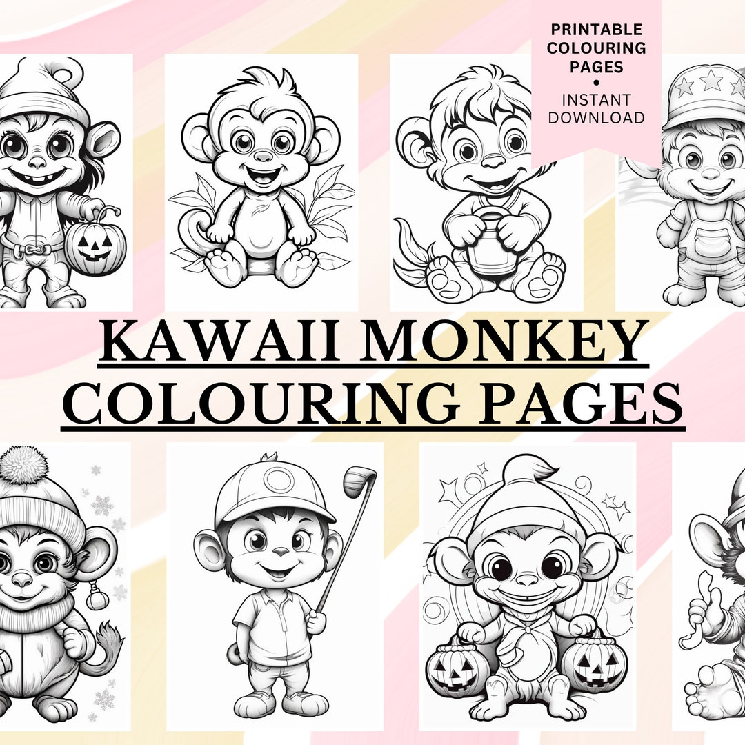 30 Cute Kawaii Monkey Colouring Pages, Instant Download, Grayscale ...