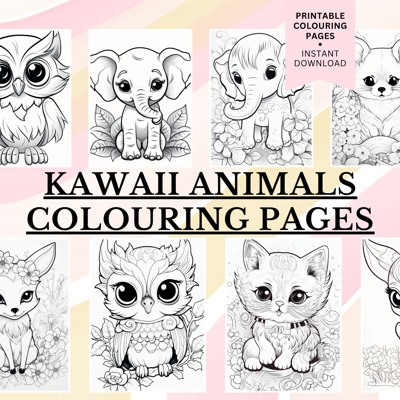 25 Kawaii Animal Colouring Pages, Instant Download, Kids Activities ...