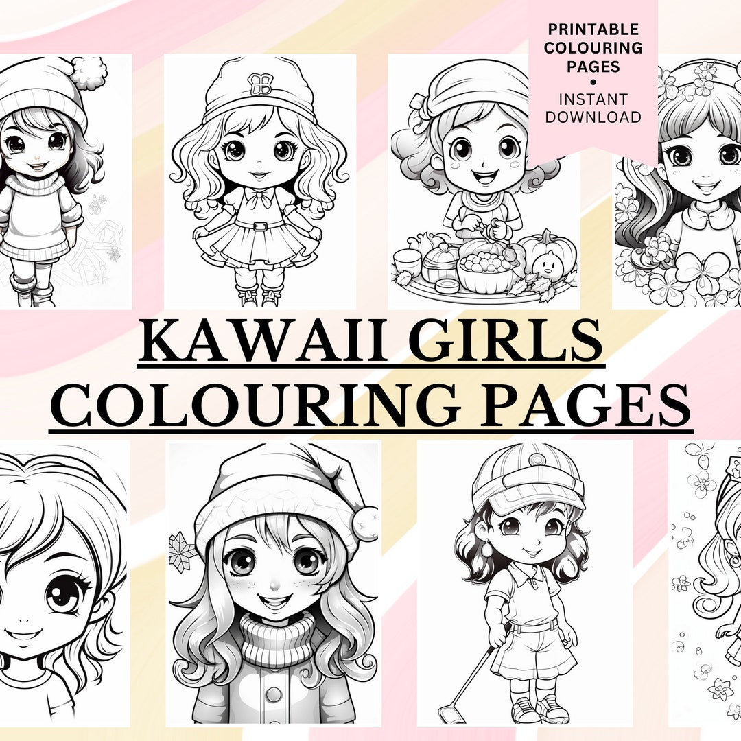 45 Kawaii Girls Colouring Pages, Instant Download, Grayscale Colouring ...
