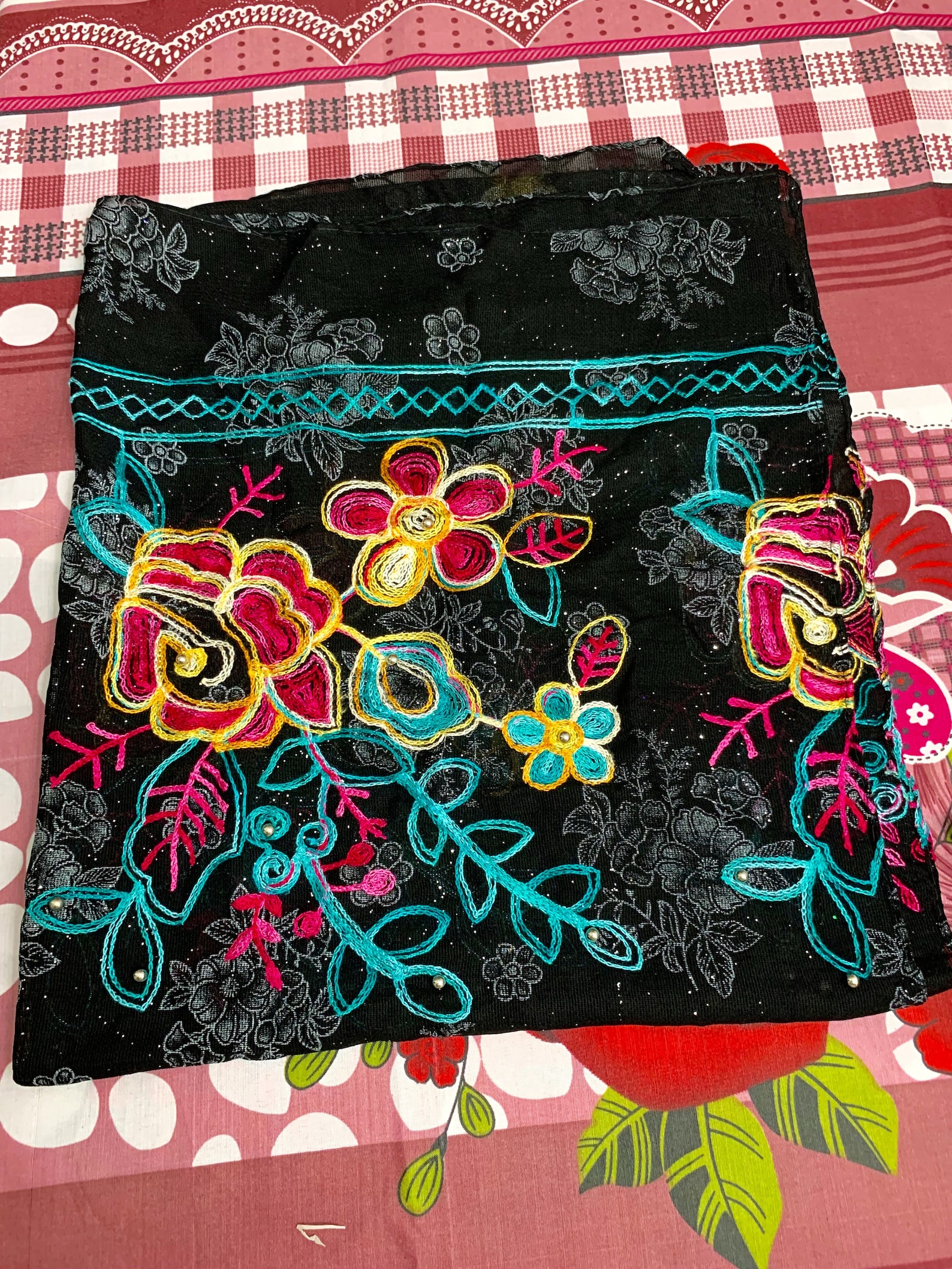 Pakistani Fashion Handmade Multicolor Embroidery Work Black Chiffon ...