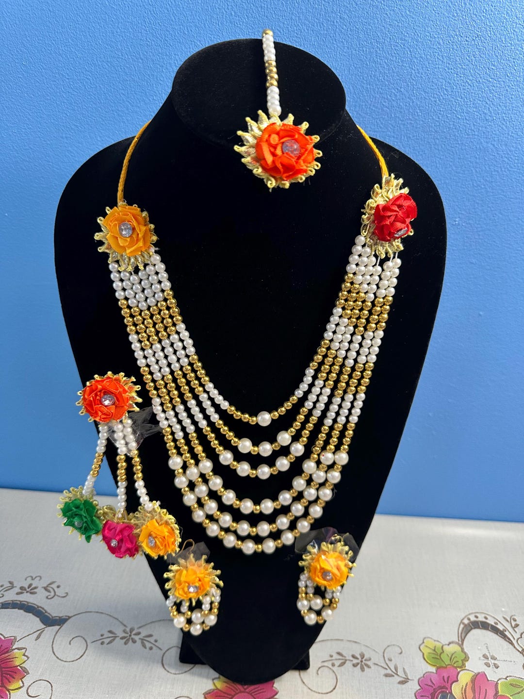 Pakistani Handmade Artificial Flower Jewelry Haldi Mehndi Floral Pearl ...