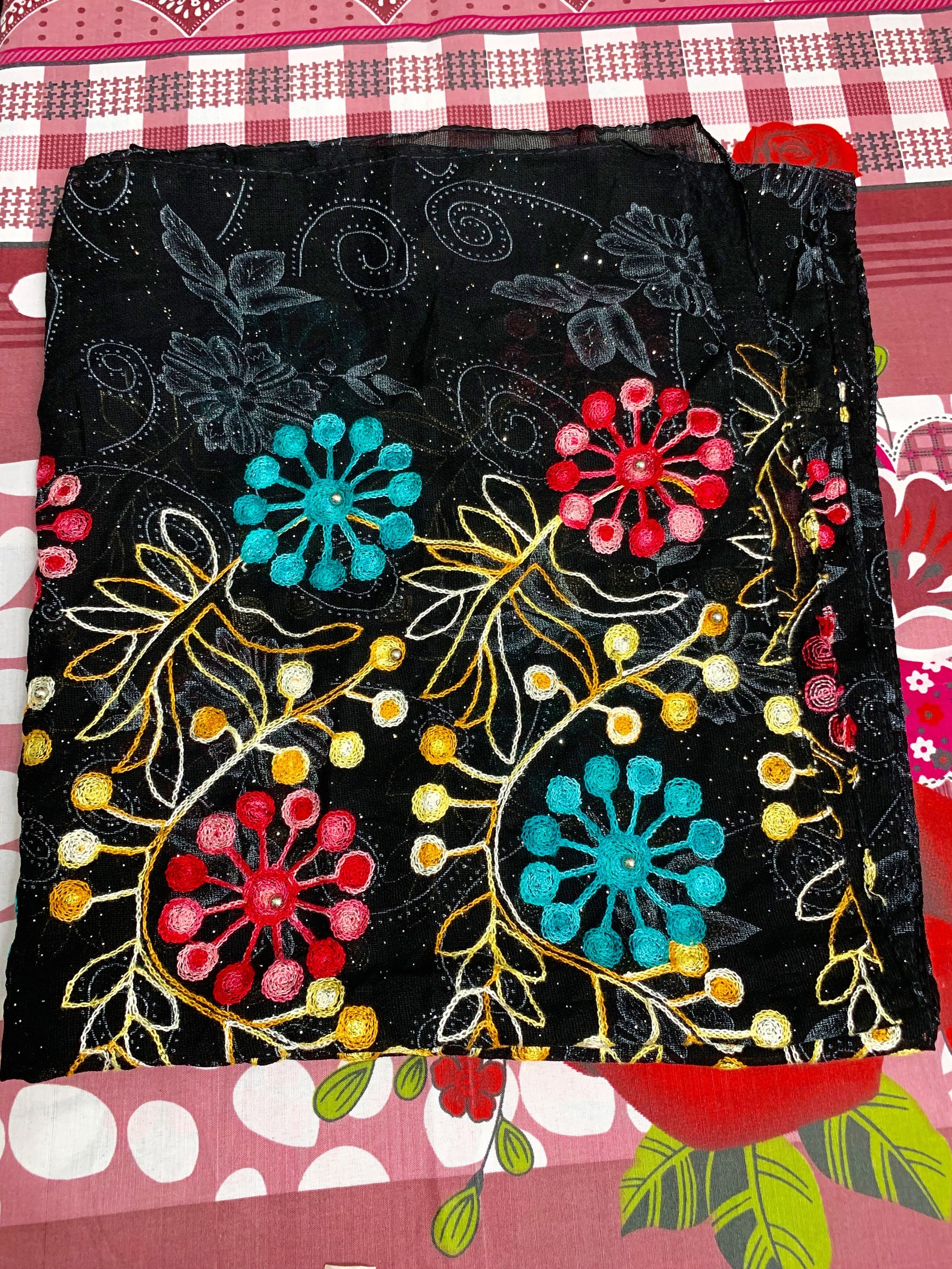 Pakistani Fashion Handmade Multicolor Embroidery Work Black Chiffon ...
