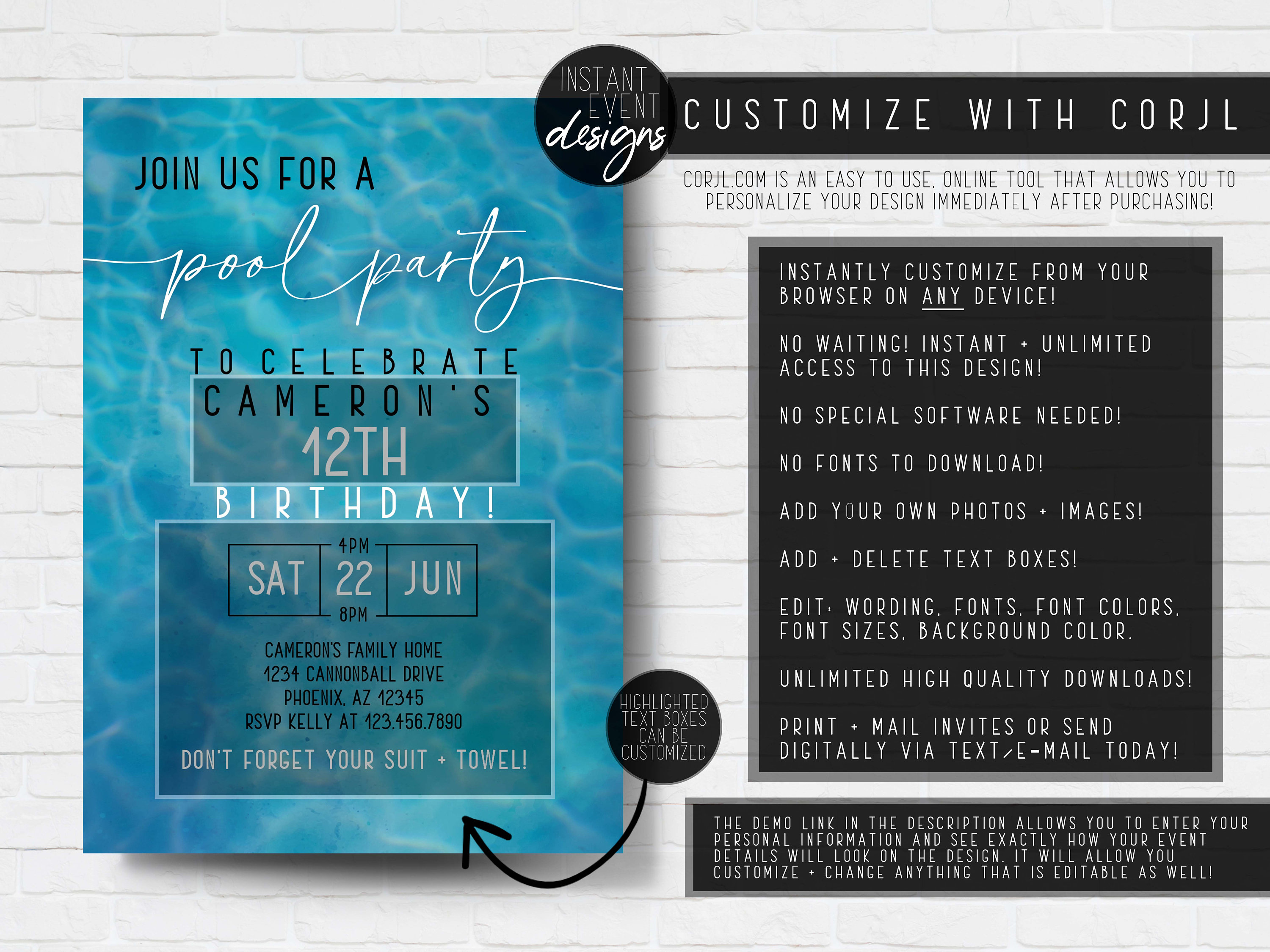 Pool Party Invitation Editable | Boy or Girl Teen Birthday Party ...