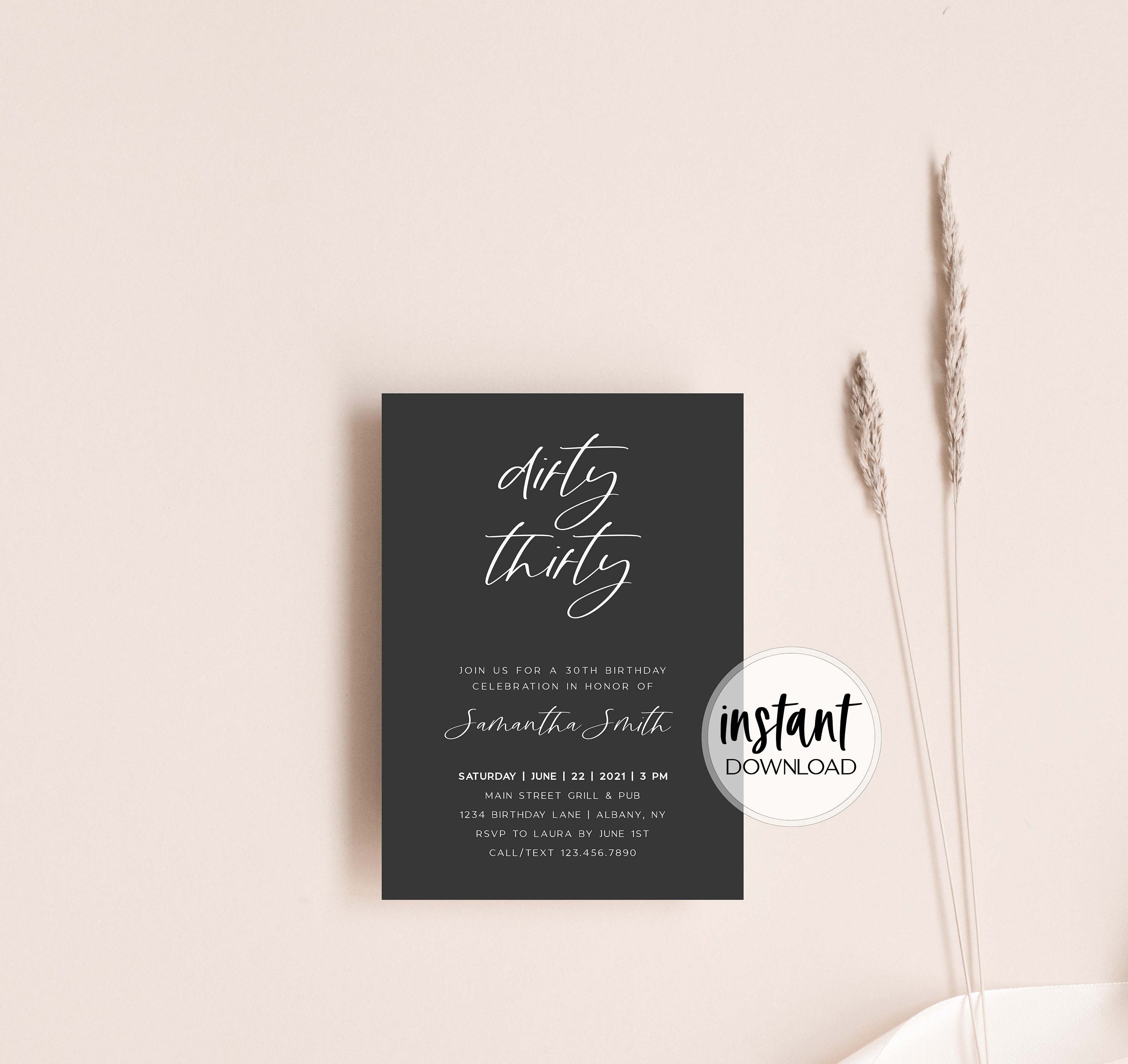 Dirty Thirty Birthday Invitation | 30th Birthday Invite | Black Modern ...